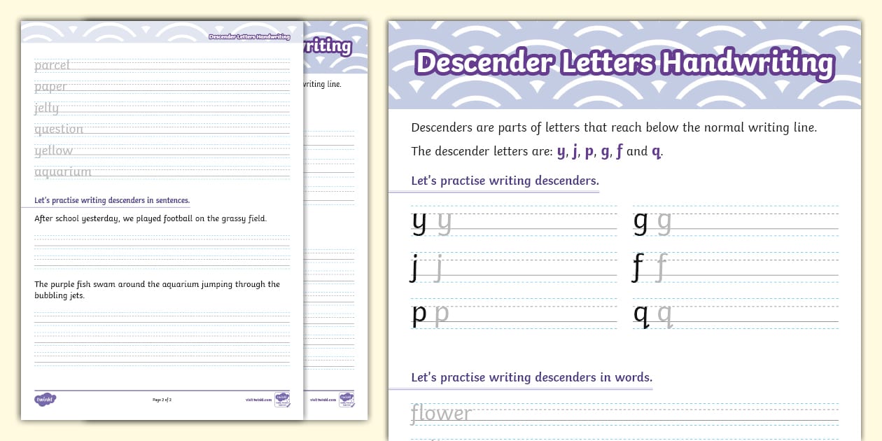 Descenders Handwriting Practice Worksheet - Twinkl