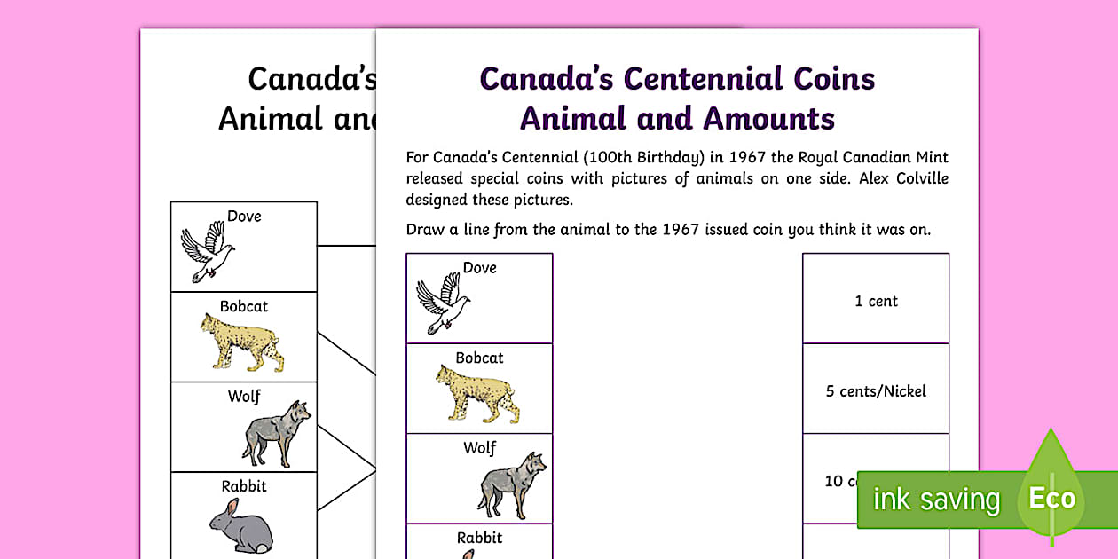 Canada's Centennial Coins Animal and Amounts Matching Worksheet / Worksheet