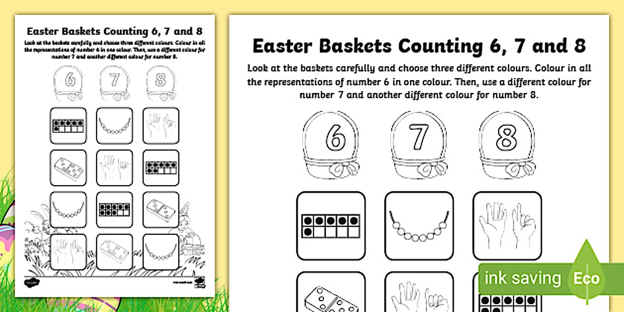👉 Easter Baskets Counting 6, 7 and 8 Worksheet - Twinkl