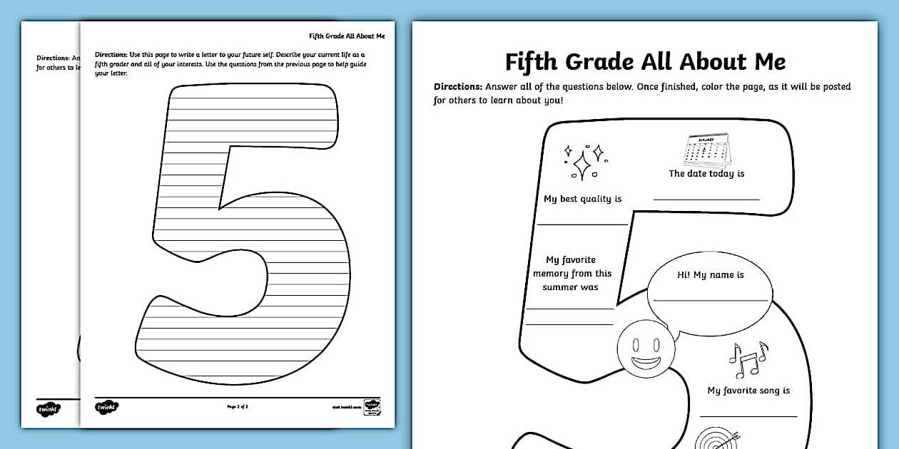 Fifth Grade All About Me Worksheet and Writing Prompt