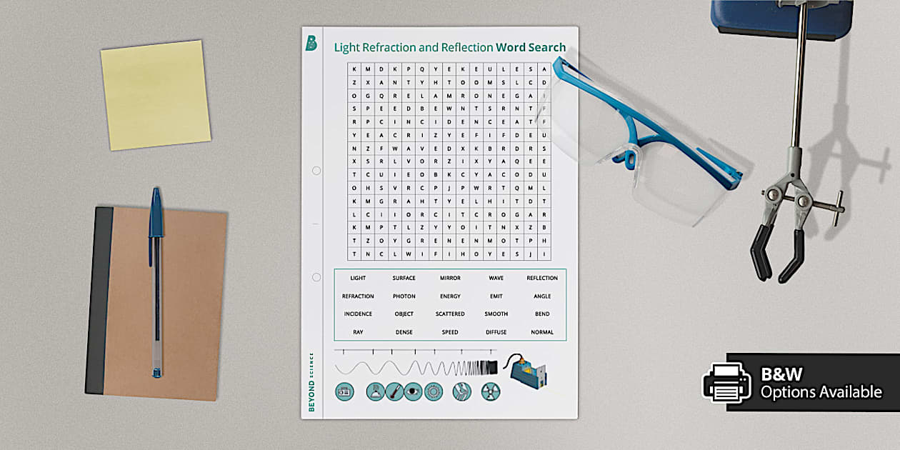 Light Refraction and Reflection Word Search (teacher made)