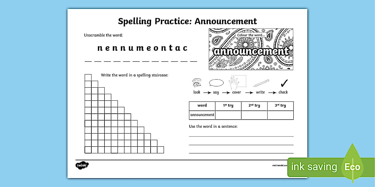 Announcement Spelling Practice Worksheet (Teacher-Made)