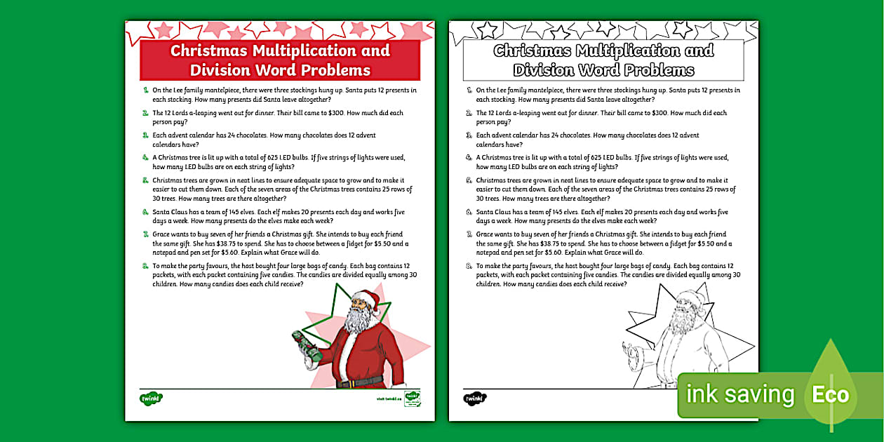Christmas Math Word Problem Activity | Grades 4 to 6