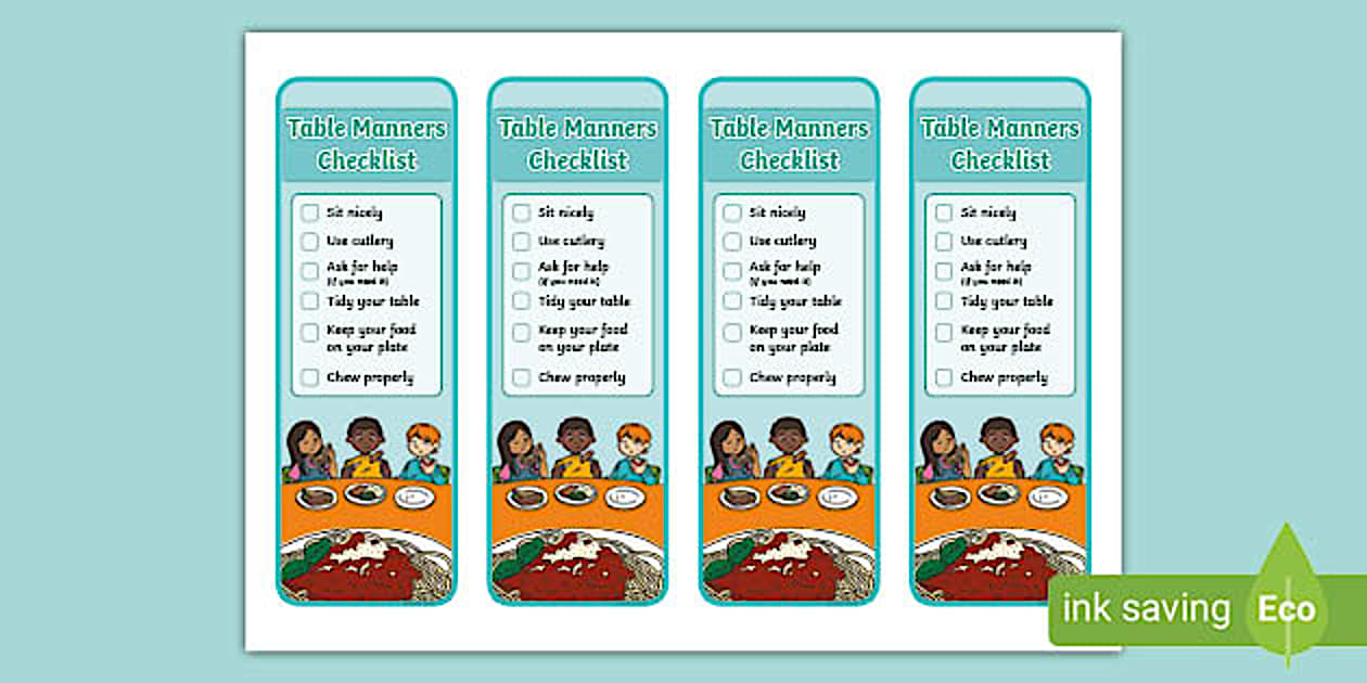 Table Manners Bookmark Checklist - Twinkl - KS1 - Twinkl
