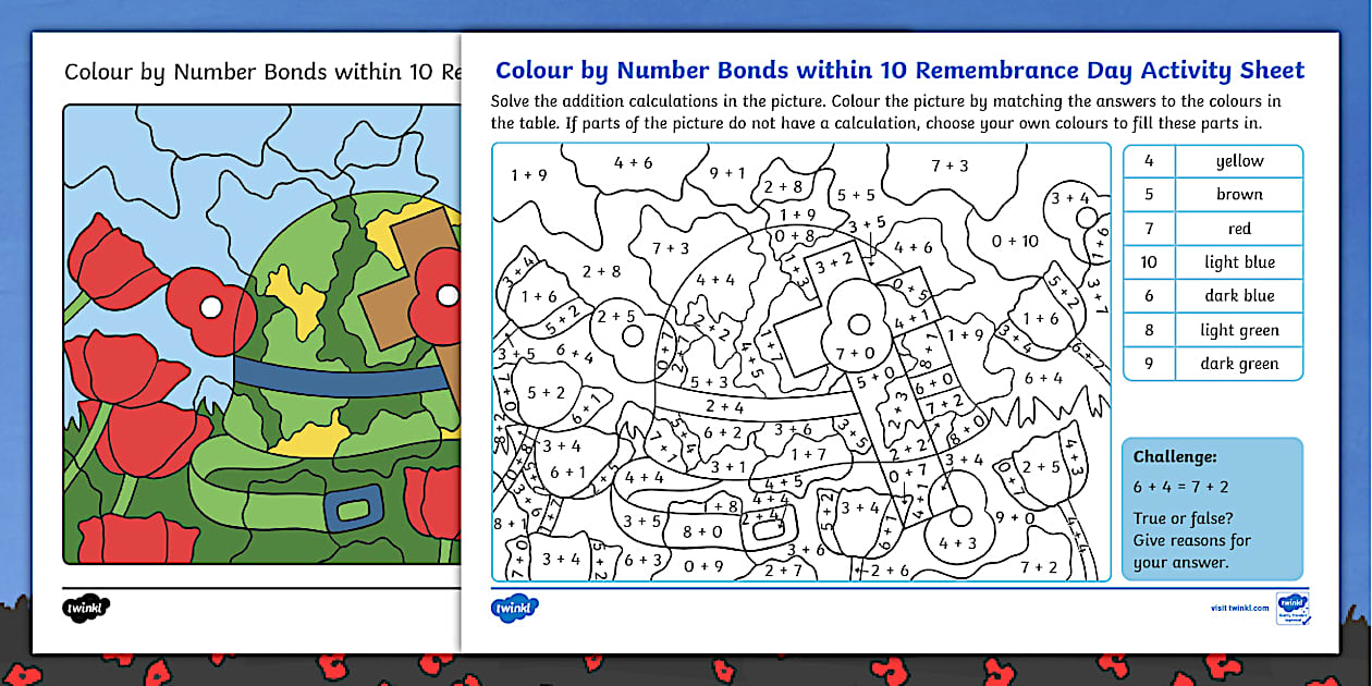 👉 Colour by Number Bonds Within 10 Remembrance Day Worksheet