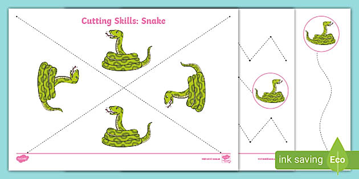 Black and White Snake-Themed Cutting Skills Worksheet