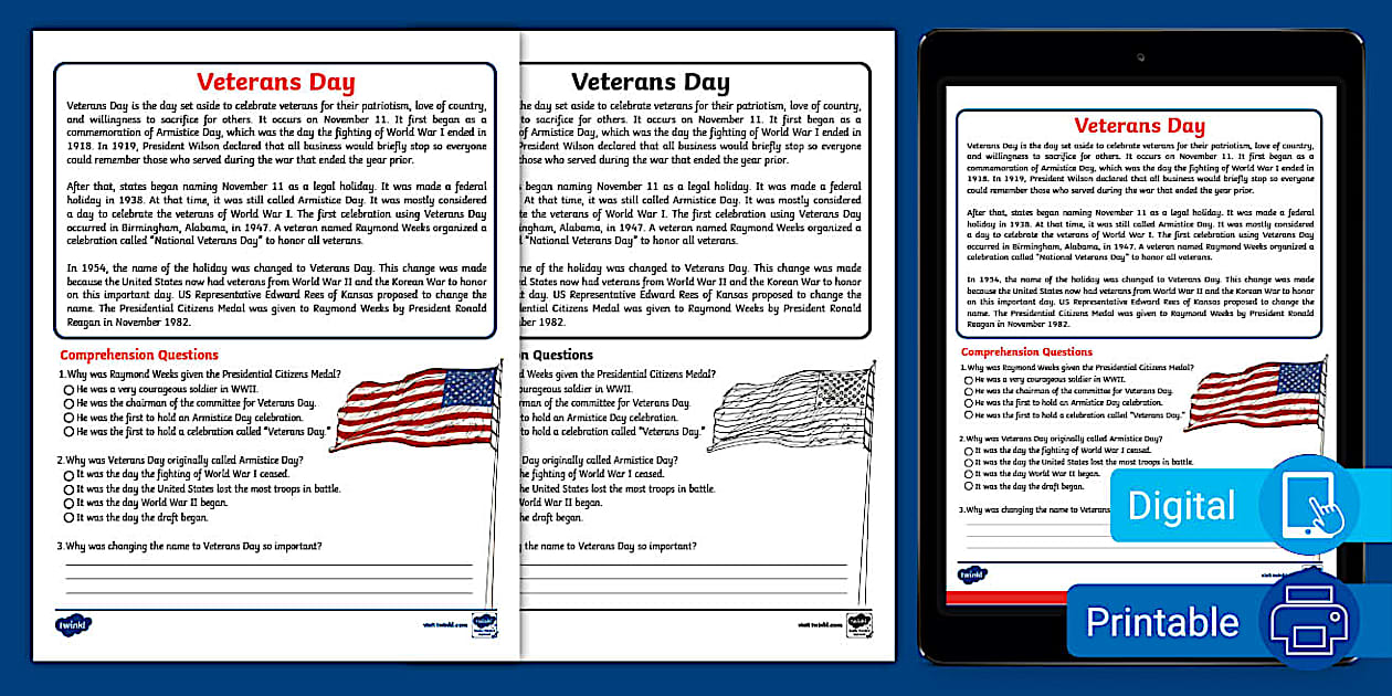 Seventh Grade Veterans Day Reading Passage Comprehension
