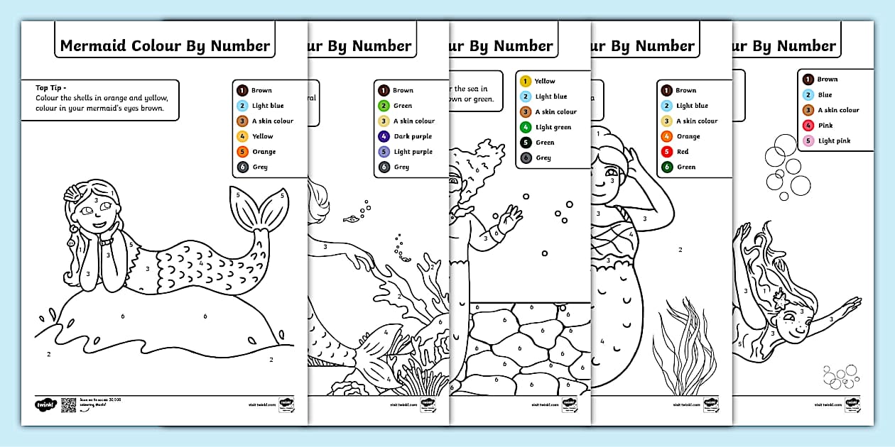 Mermaid Colour-by-Number Pages | Twinkl | KS1 | Colouring