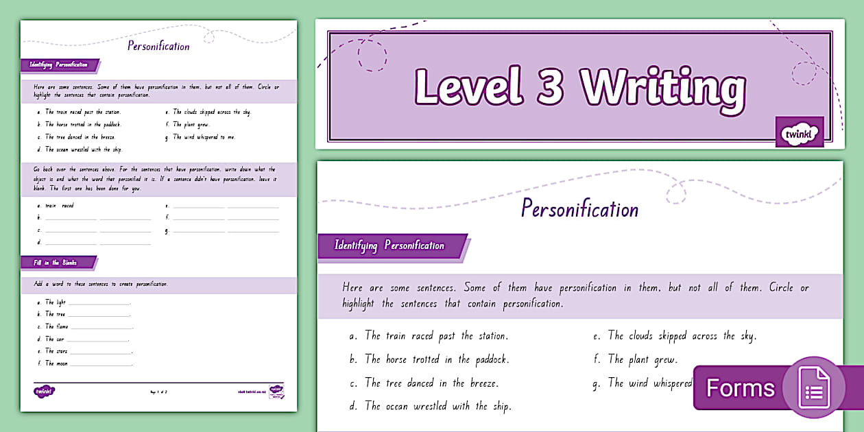 Level 3 Writing - Personification Worksheet (teacher made)