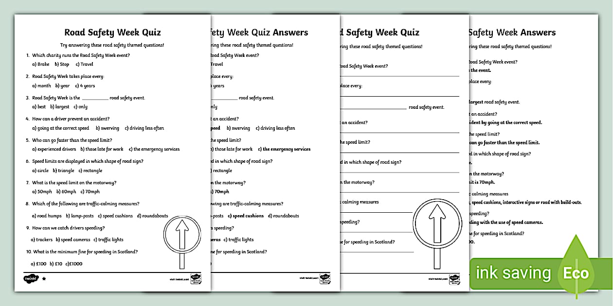 CfE Road Safety Week Quiz Worksheet / Worksheet - Twinkl