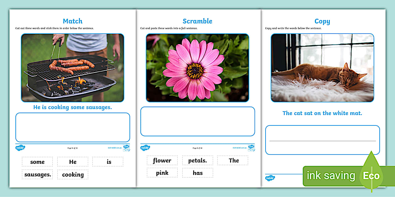 Older Learners Match, Scramble, Copy Sentence Worksheets