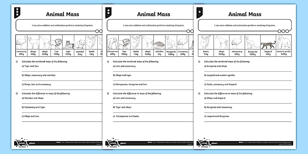 Middle Ability Animal Mass Differentiated Worksheets