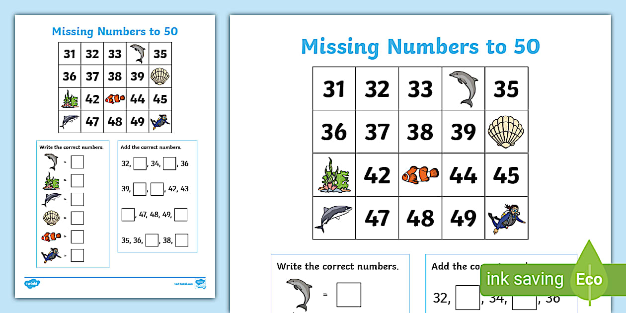Ocean Themed Missing Numbers to 50 Activity Sheet - Twinkl
