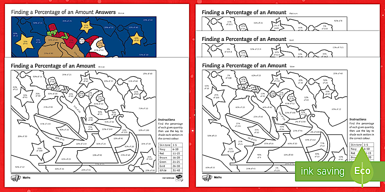 Maths Christmas: Finding a Percentage of an Amount Differentiated Colour by