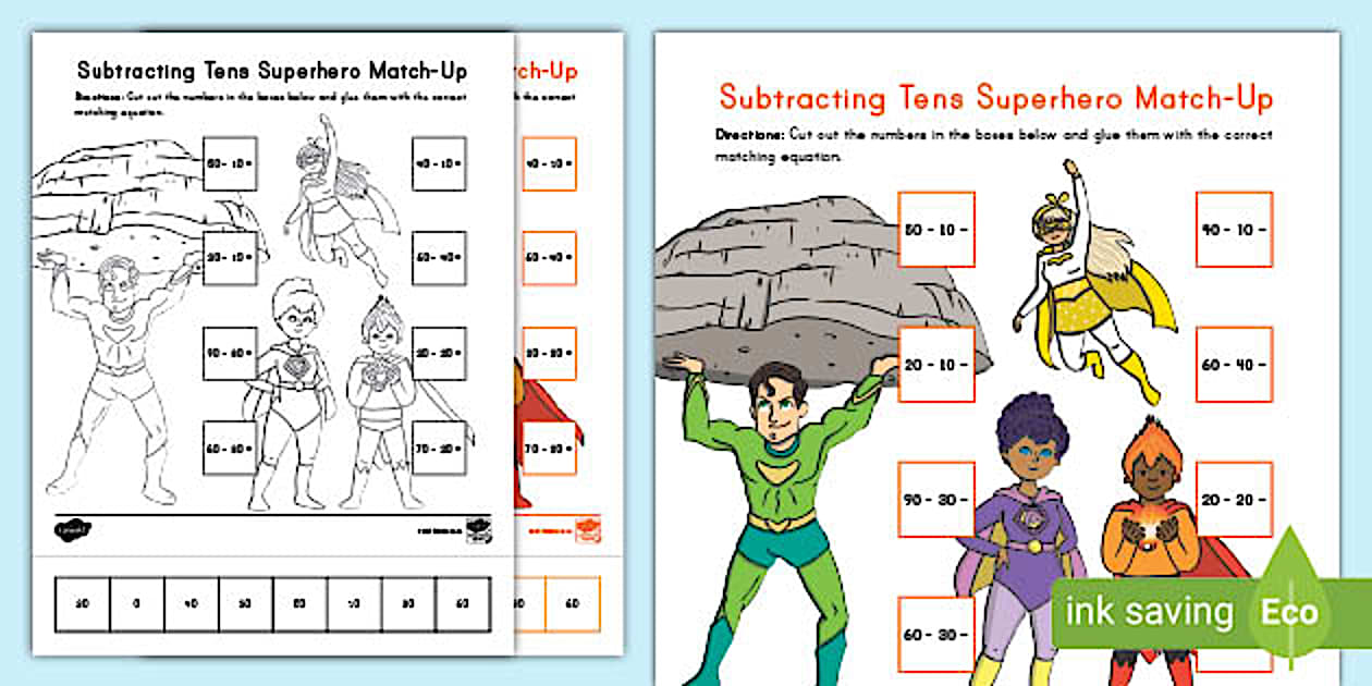 Subtracting Multiples of Ten Match-Up Worksheet - Twinkl