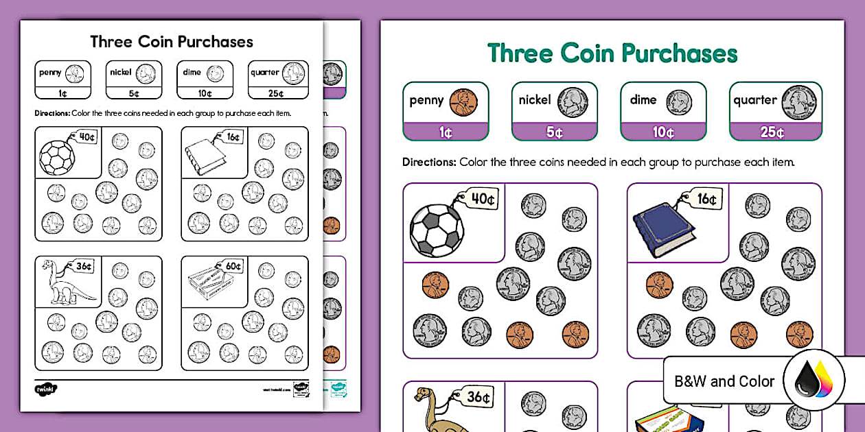 Second Grade Three Coin Purchases Worksheet (Teacher-Made)