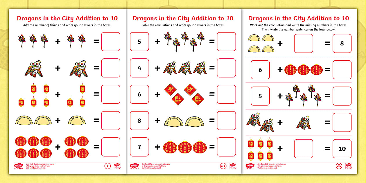 Middle Ability Chinese New Year Addition to 10 Worksheet