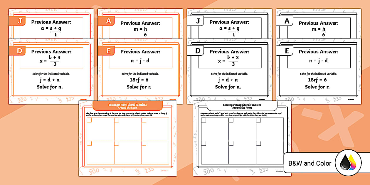 Algebra I: Literal Equations Around the Room Scavenger Hunt