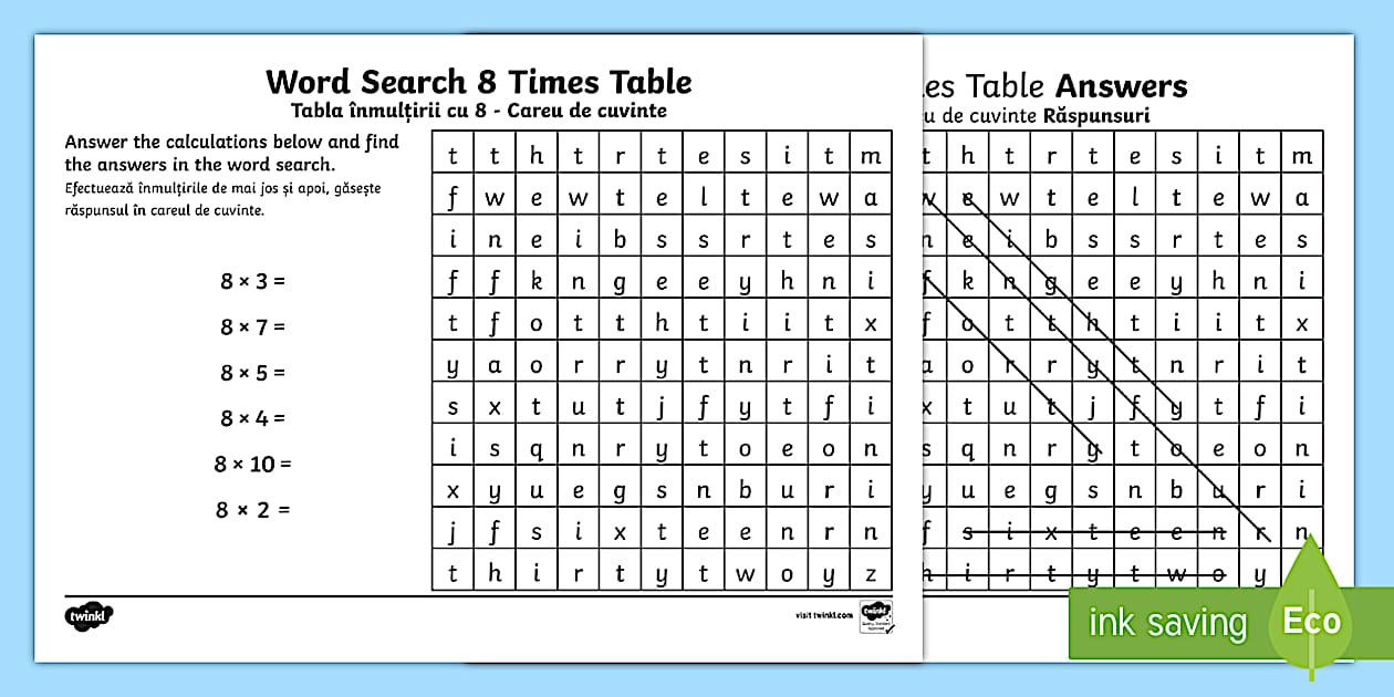 Multiplication 8 Times Tables Word Search Worksheet / Worksheet