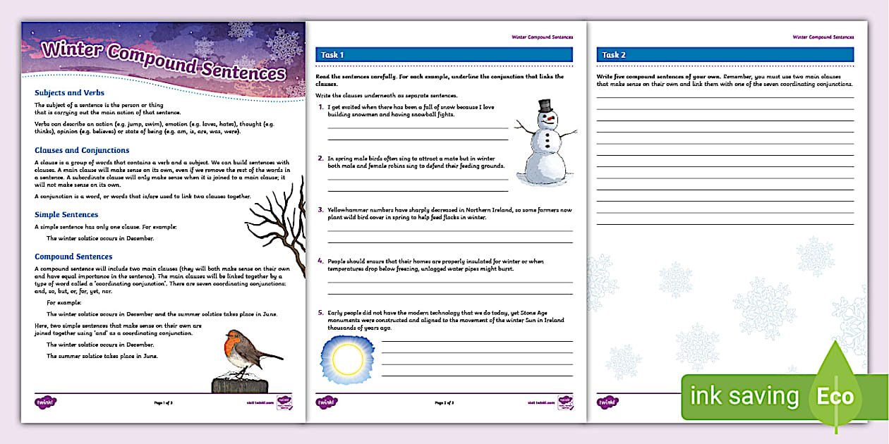 Compound Sentences for Winter Activity Sheets | Grammar