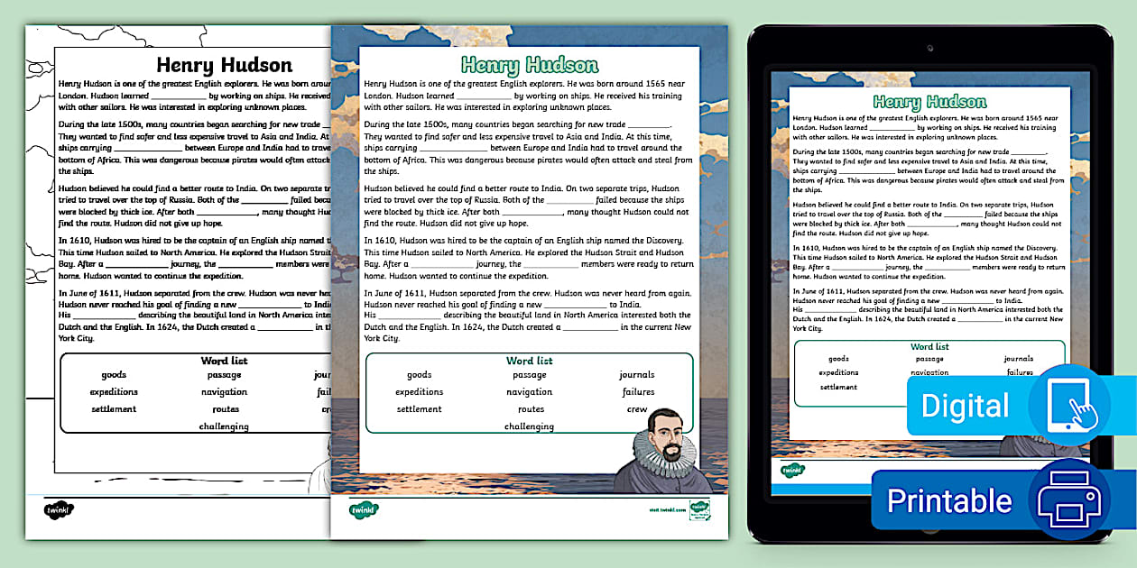 Third Grade Henry Hudson Cloze Reading Worksheet - Twinkl