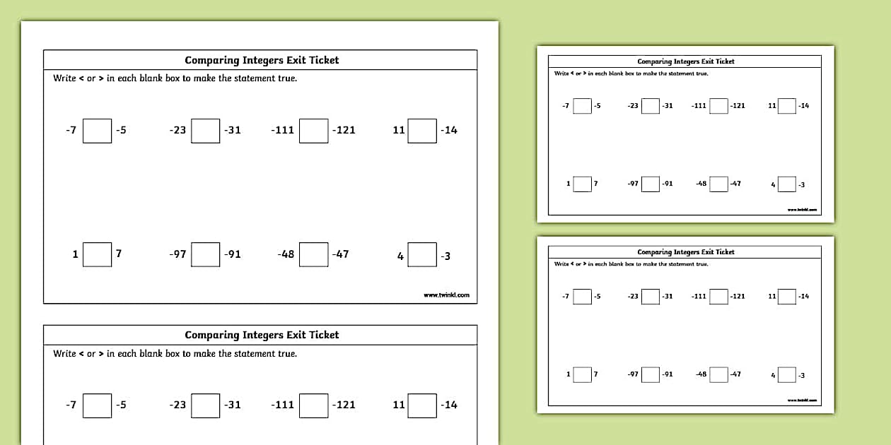 Sixth Grade Comparing Integers Exit Ticket (teacher made)