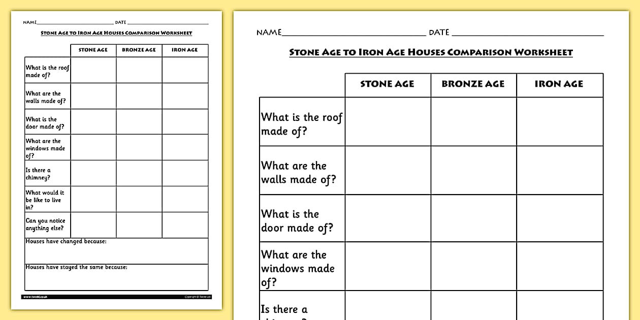 Stone Age to Iron Age Houses Comparison Worksheet - history