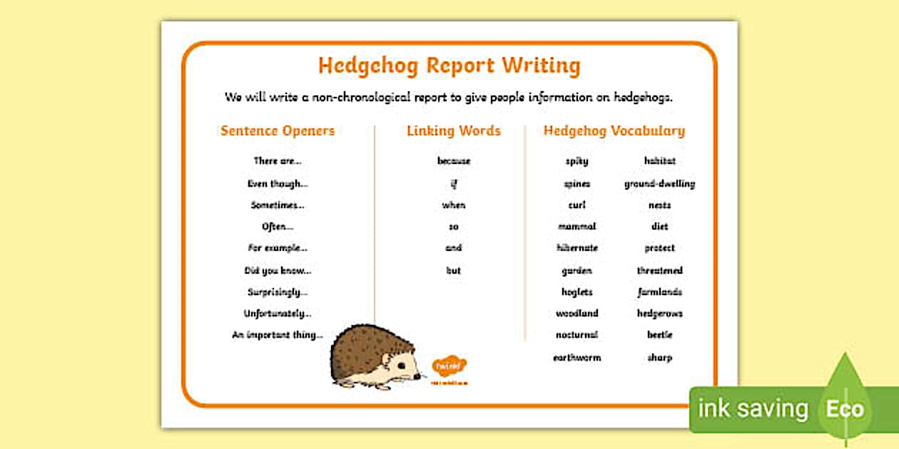 Hedgehog Report Writing Word Mat (creat de profesori)