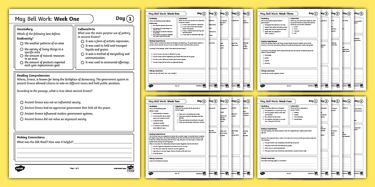 Sixth Grade Social Studies May Bell Work Bundle - Twinkl