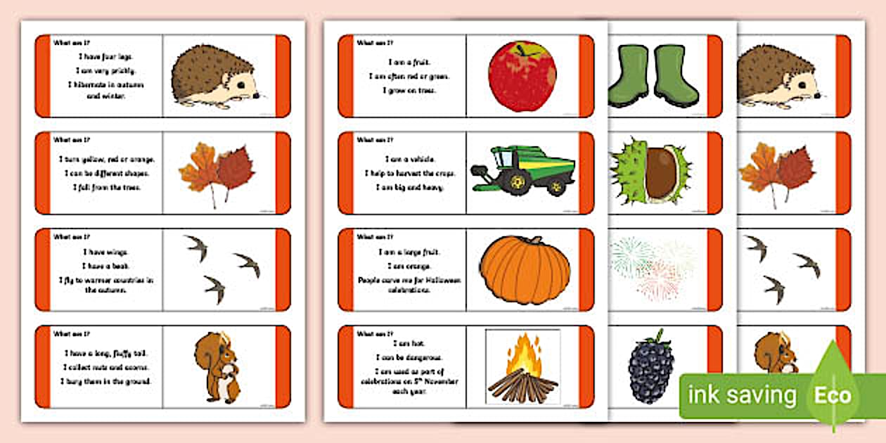 Editable 'What Am I?' Autumn Animals and Objects - Twinkl