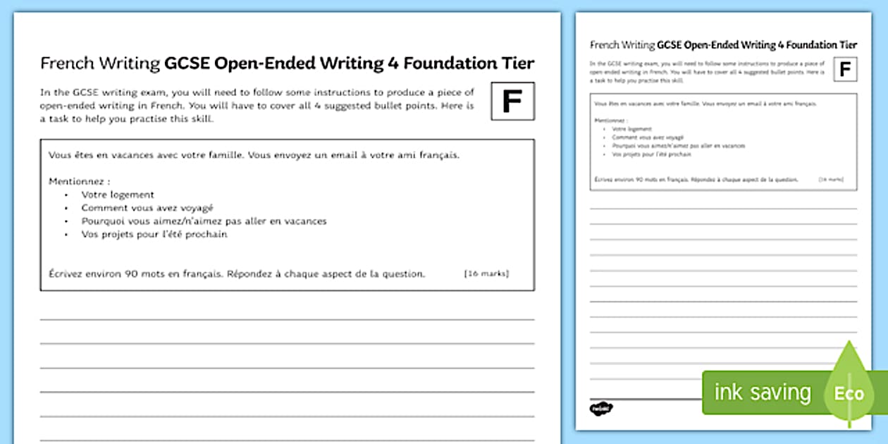 GCSE French Open Ended Writing 4 Foundation Tier Worksheet / Worksheet