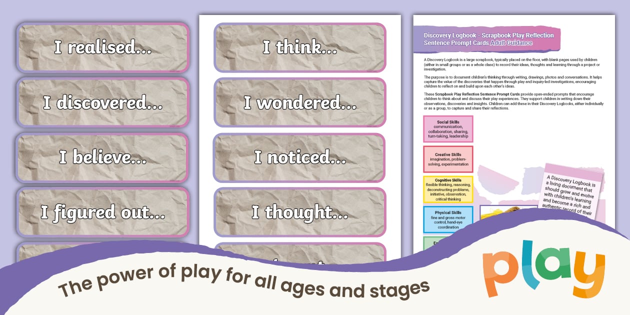 Discovery Logbook - Scrapbook Play Reflection Sentence Prompt Cards