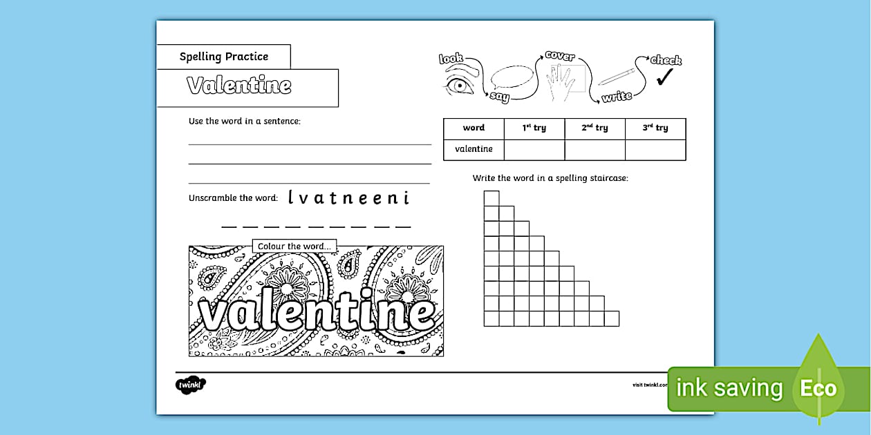 Valentine Spelling Practice Worksheet (Teacher-Made)