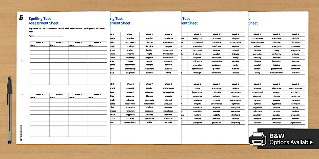 Spelling Test Assessment Sheet