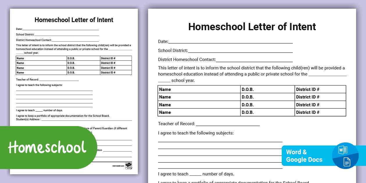 Editable Homeschool Letter of Intent Word & Google Docs
