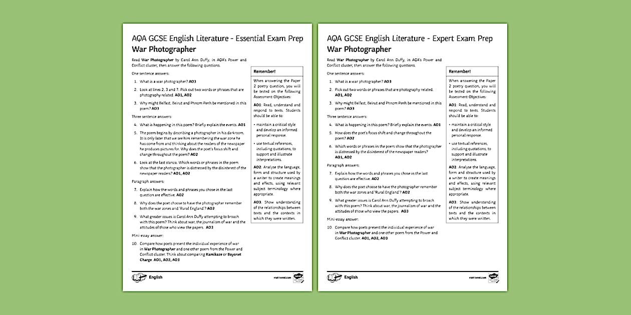 AQA Poetry: War Photographer - Differentiated Revision Worksheets
