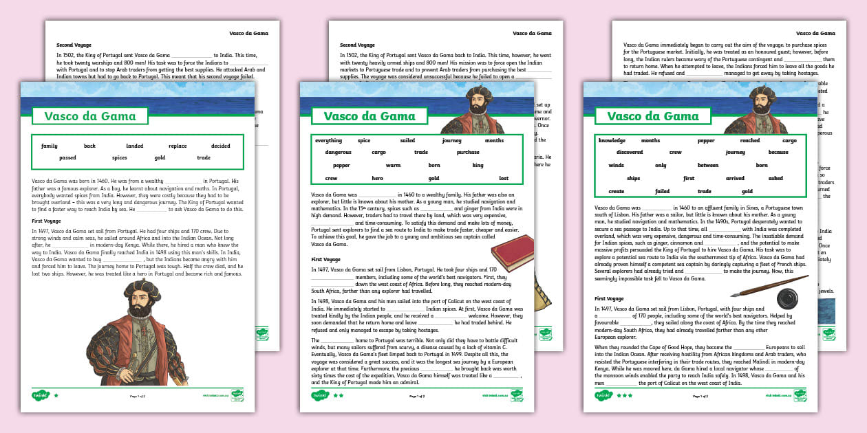 Vasco da Gama Cloze Activity (teacher made) - Twinkl
