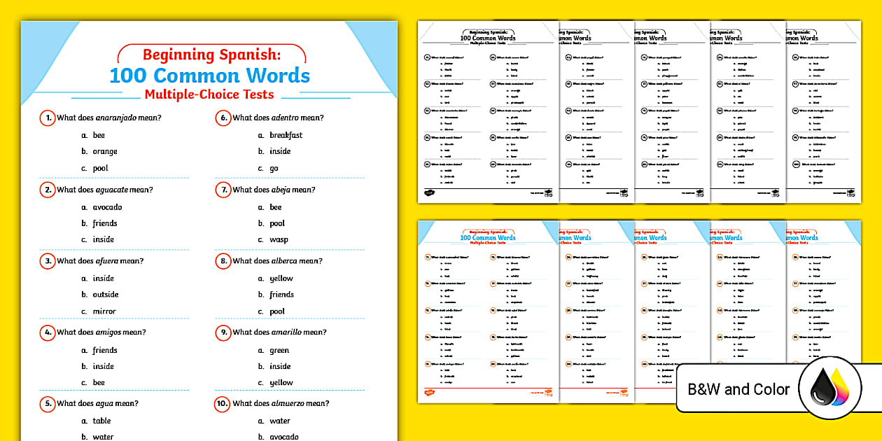Beginning Spanish: 100 Common Words Multiple-Choice Tests