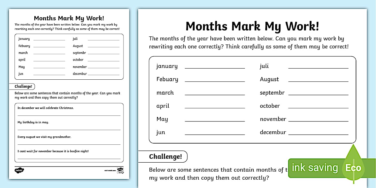 Months Mark My Work Worksheet (Teacher-Made) - Twinkl