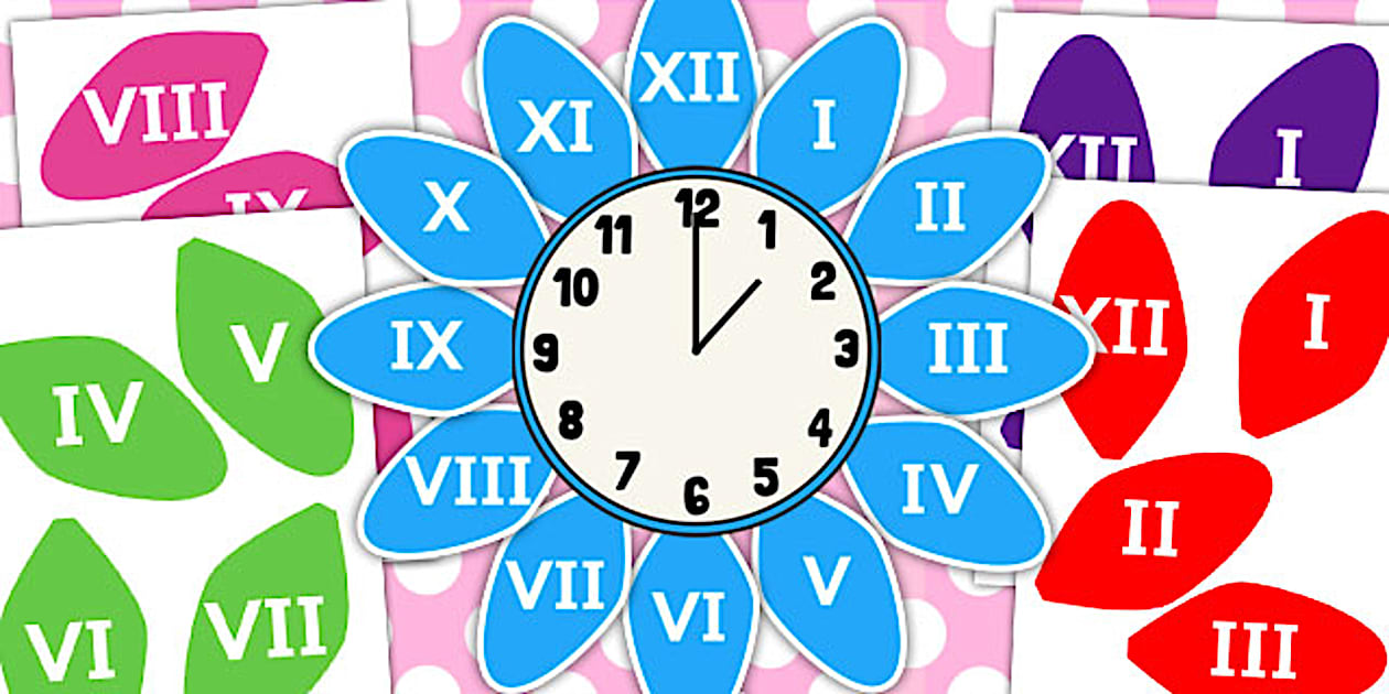 Black and White Roman Numerals Clock Flower Labels - Twinkl