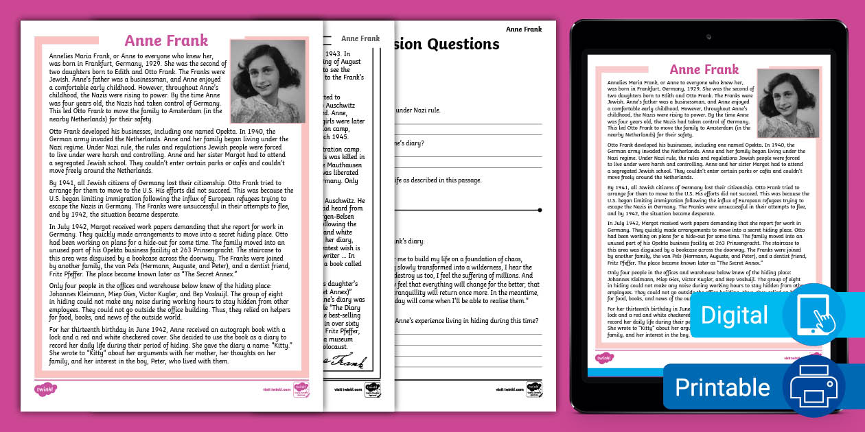 The Life of Anne Frank Reading Comprehension | Twinkl USA