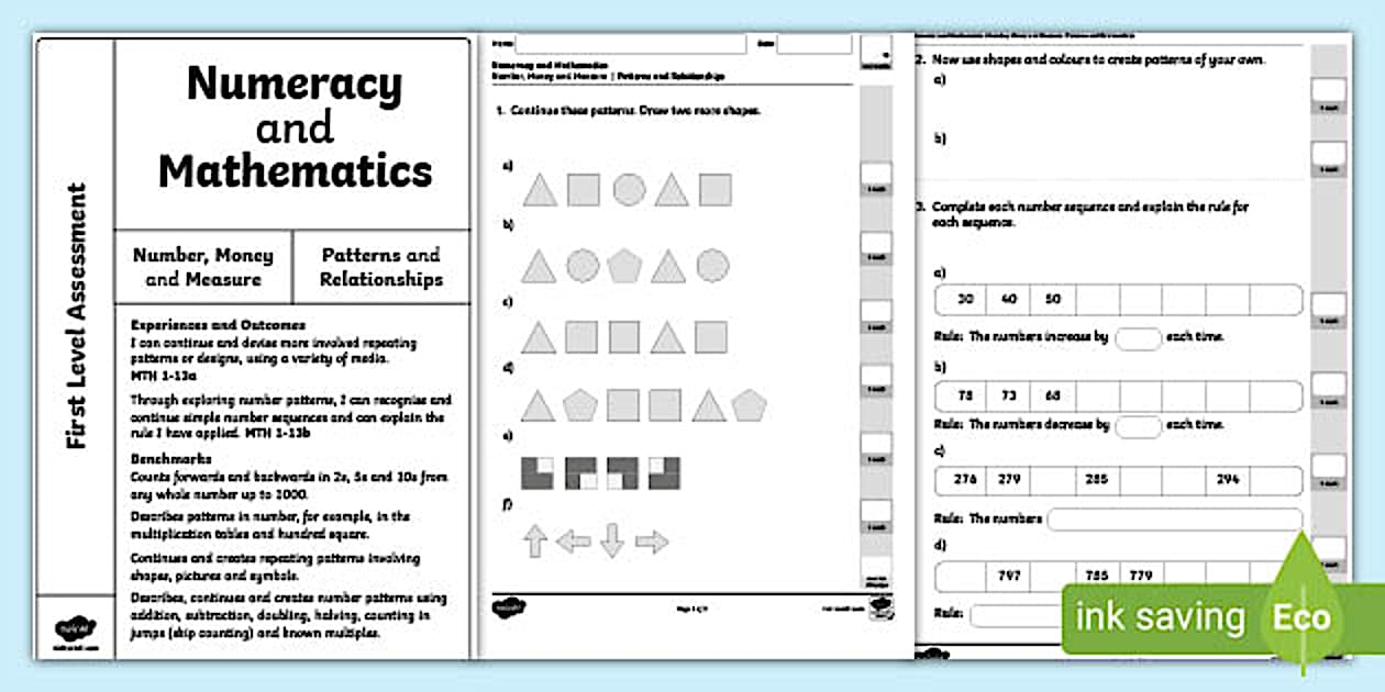 Editable First Level Numeracy and Mathematics Assessment - Patterns and