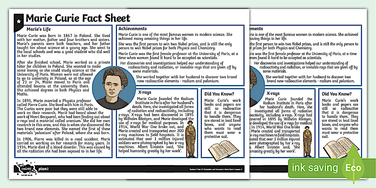 Editable Marie Curie Fact Sheet - Twinkl