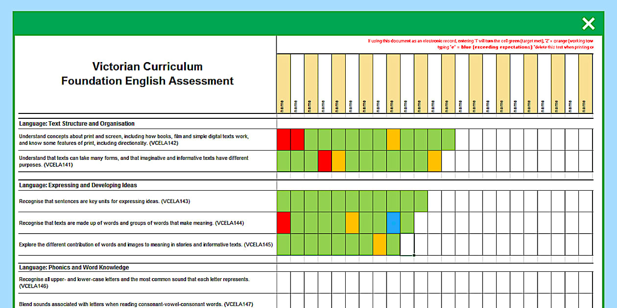 Victorian Curriculum Foundation English Assessment Spreadsheet