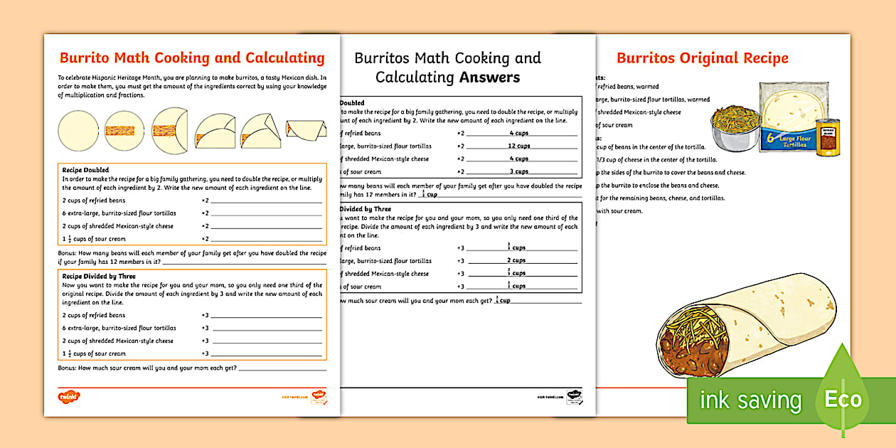 Burritos: Cooking and Calculating Math Worksheet for 3rd-5th Grade