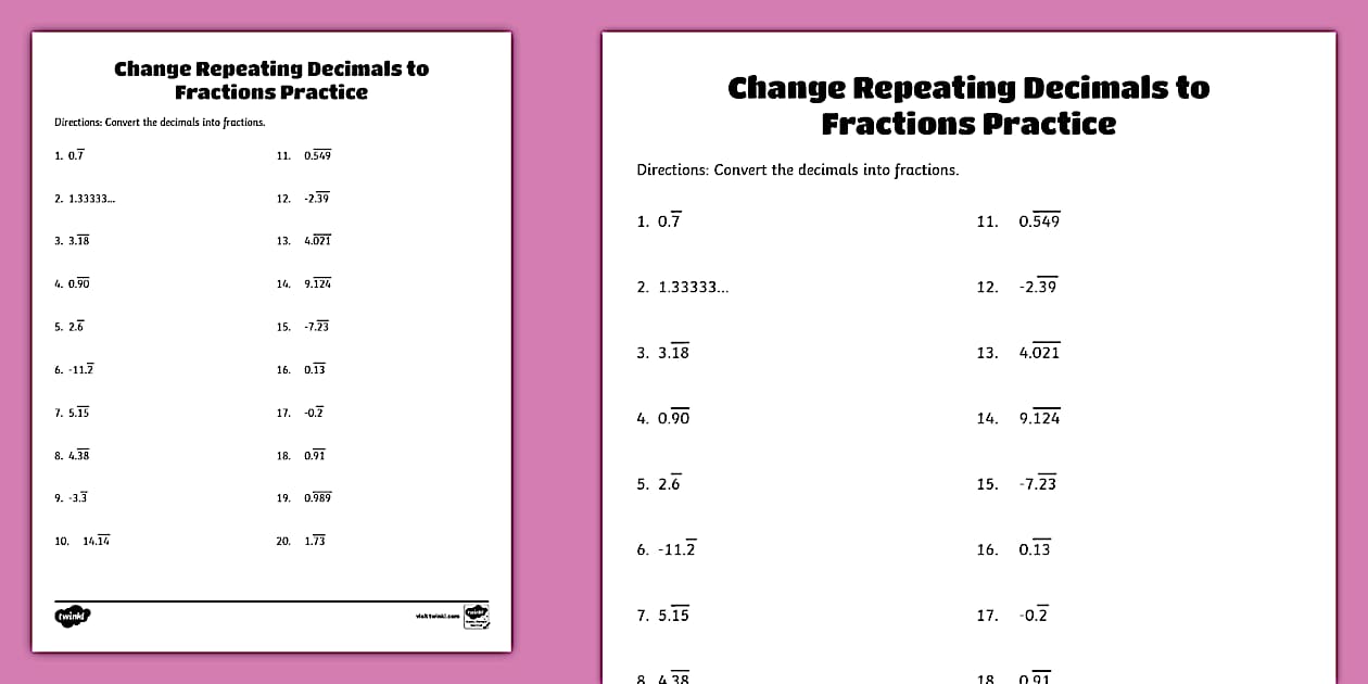 Eighth Grade Change Repeating Decimals to Fractions Practice