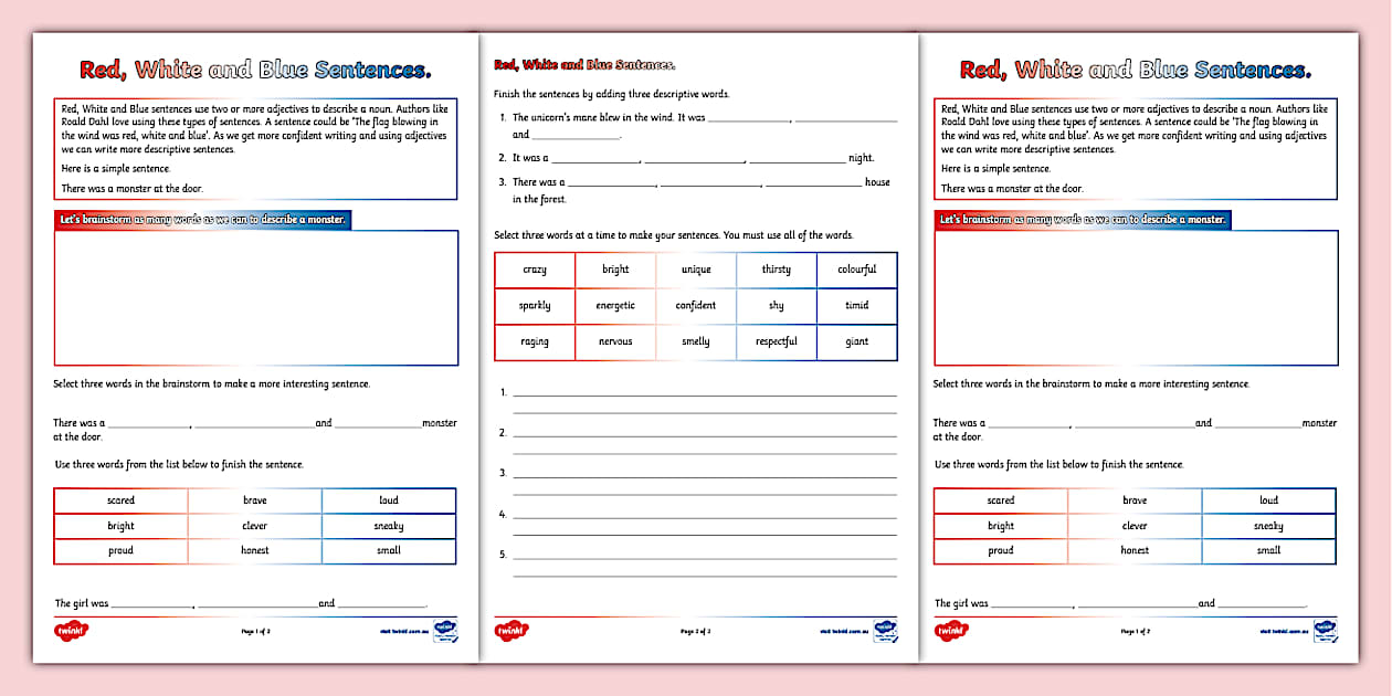 Red, White and Blue Sentences Worksheet | Twinkl Australia