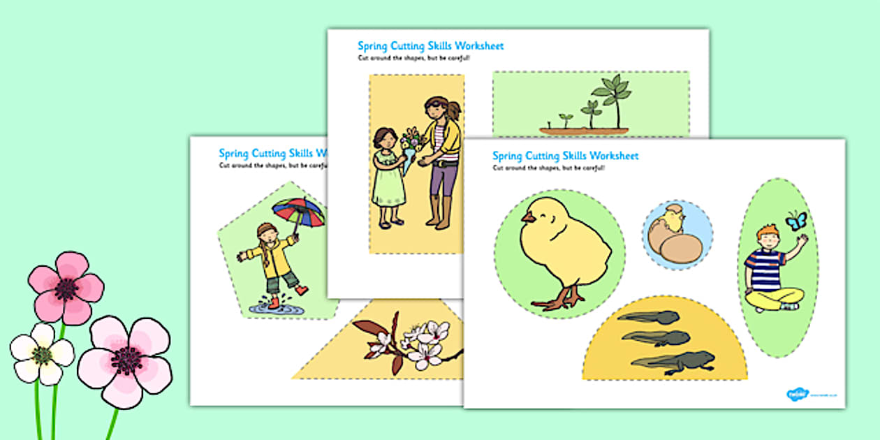 Spring Cutting Skills Worksheet (teacher made) - Twinkl