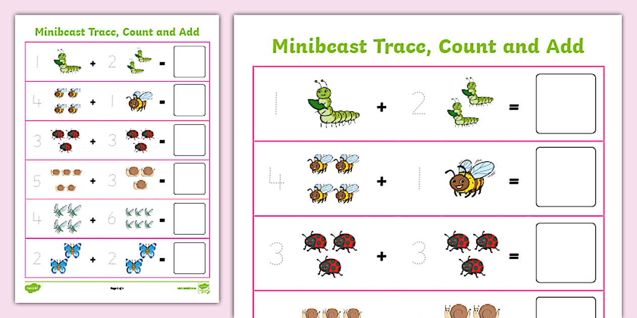 Minibeast Trace Count and Add Worksheet - Twinkl - KS1