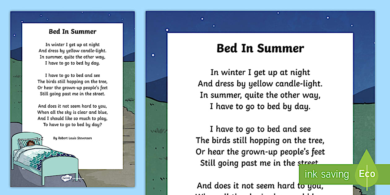 Cursive 'Bed in Summer' - Robert Louis Stevenson Poem Print-Out